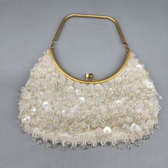 Unbranded | Bags | Vintage Crystal Beaded Half Moon Evening Bag Purse Ivory Gold Hong Kong ...